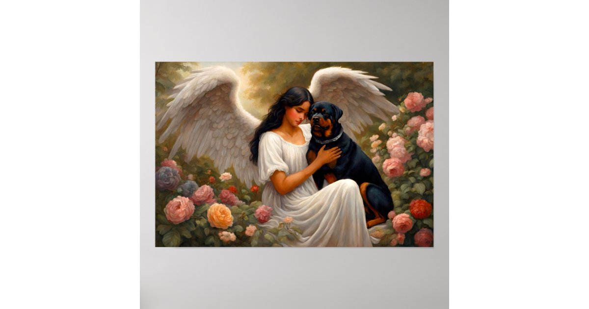 Vintage Rottweiler Angel Dog Art Poster | Zazzle