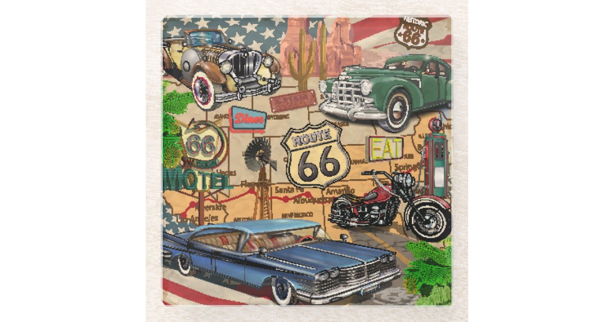 Vintage Route 66, nostalgic poster. Glass Coaster | Zazzle