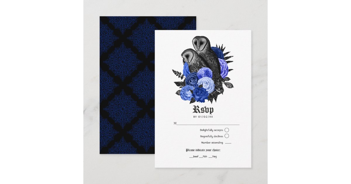 Vintage Royal Blue Owls Gothic Wedding RSVP Card | Zazzle