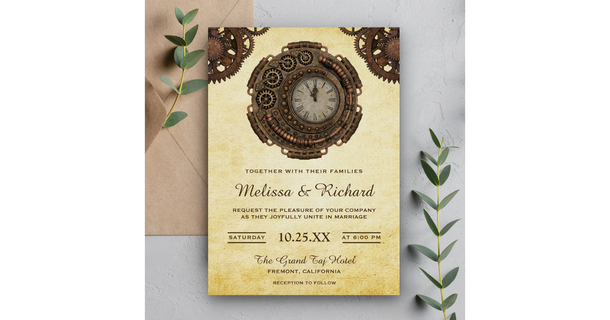 Vintage Rustic Antique Clock Steampunk Wedding Invitation | Zazzle