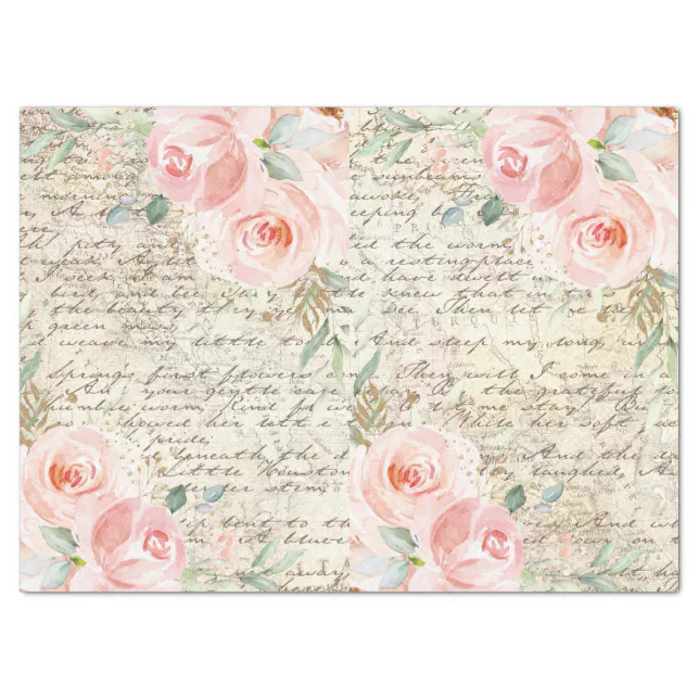 Vintage Rustic Blush Roses Old Letter Decoupage T Tissue Paper | Zazzle