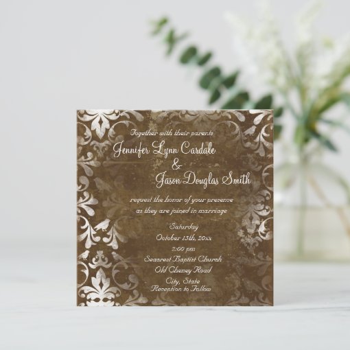 Vintage Rustic Brown Damask Wedding Invitations | Zazzle