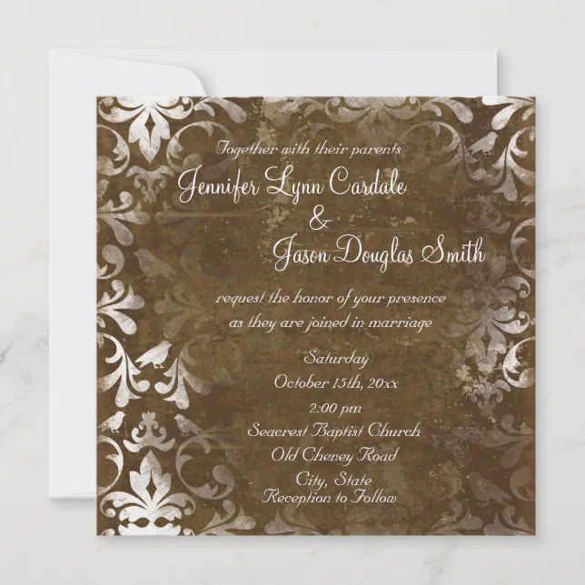 Vintage Rustic Brown Damask Wedding Invitations | Zazzle