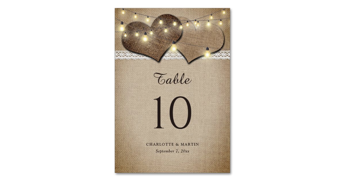 Vintage Rustic Burlap and Lace Table Number Cards | Zazzle