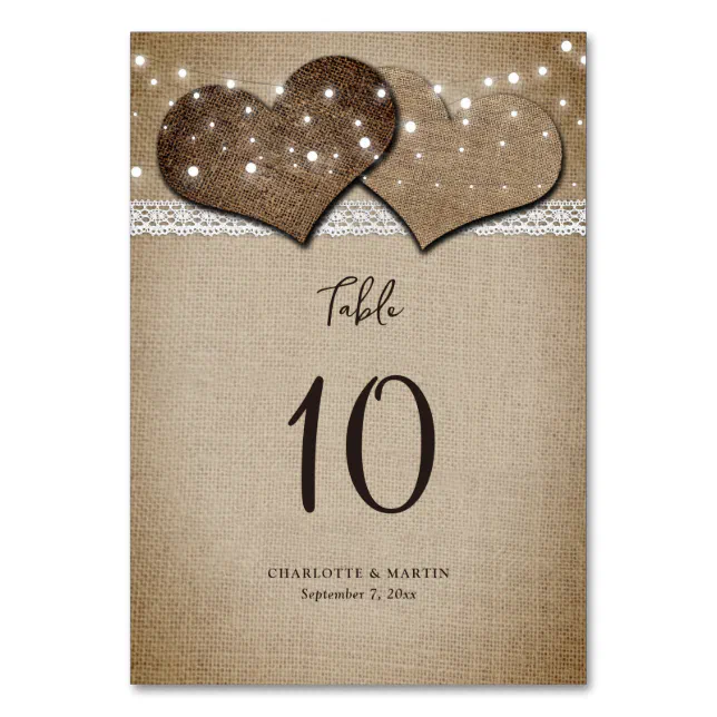 Vintage Rustic Burlap and Lace Table Number Cards | Zazzle