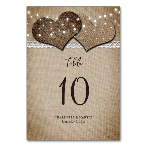 Vintage Rustic Burlap and Lace Table Number Cards | Zazzle