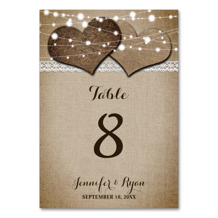 Vintage Rustic Burlap and Lace Table Number Cards | Zazzle