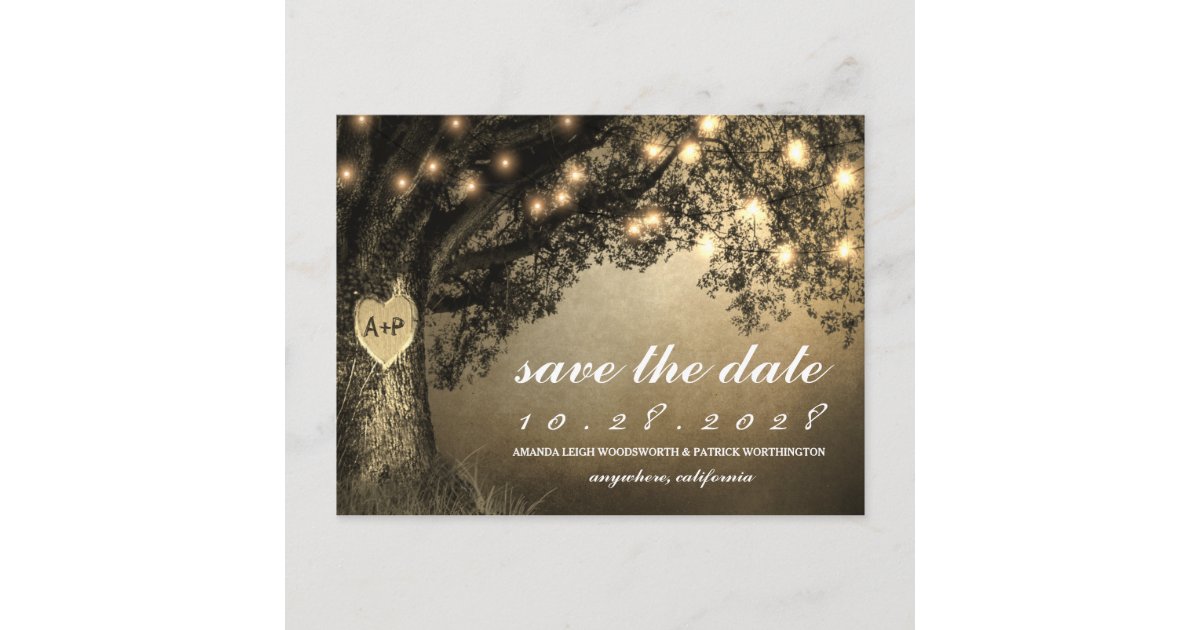 Vintage Rustic Carved Oak Tree Save The Date Cards | Zazzle
