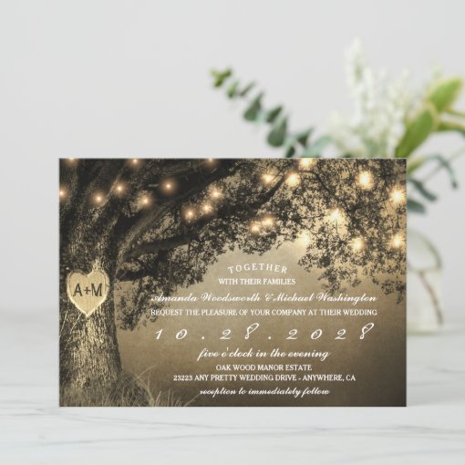 Vintage Rustic Carved Oak Tree Wedding Invitations | Zazzle