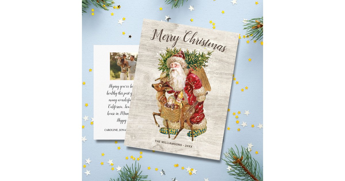 Vintage Rustic Christmas Santa Custom Family Photo Postcard | Zazzle