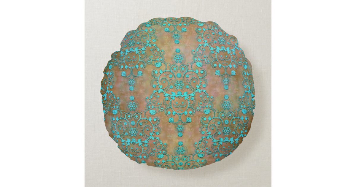 Vintage Rustic Damask Turquoise and Brown Round Pillow | Zazzle