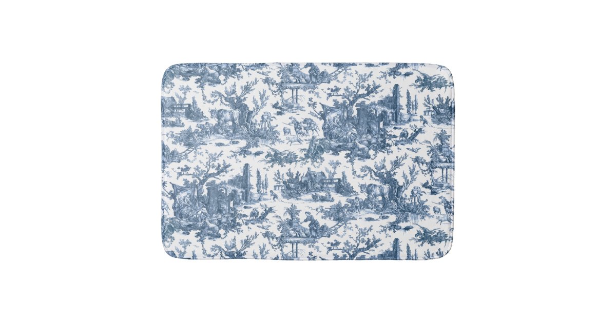 Vintage Rustic Farm French Toile-Blue & White Bath Mat | Zazzle