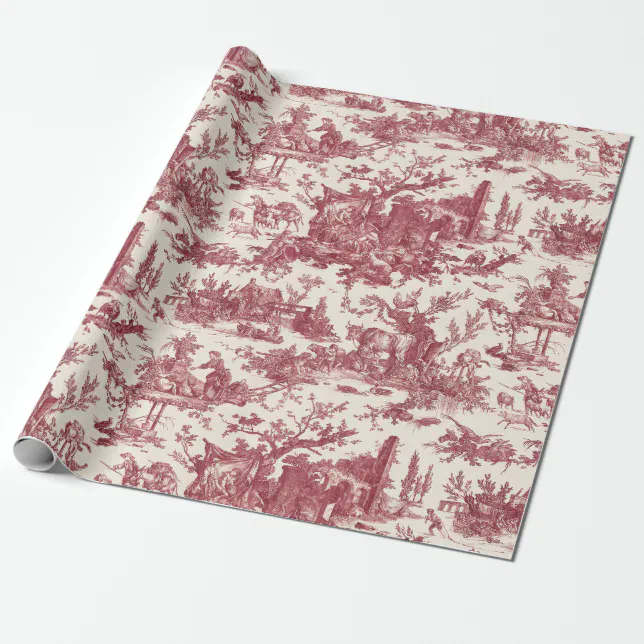 Vintage Rustic Farm French Toile-Red & Tan Wrapping Paper | Zazzle