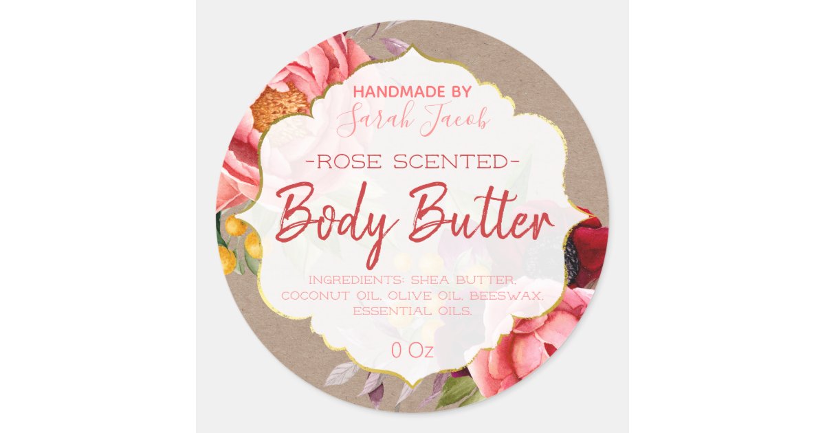 Vintage Rustic Floral Body Butter Kraft Label | Zazzle