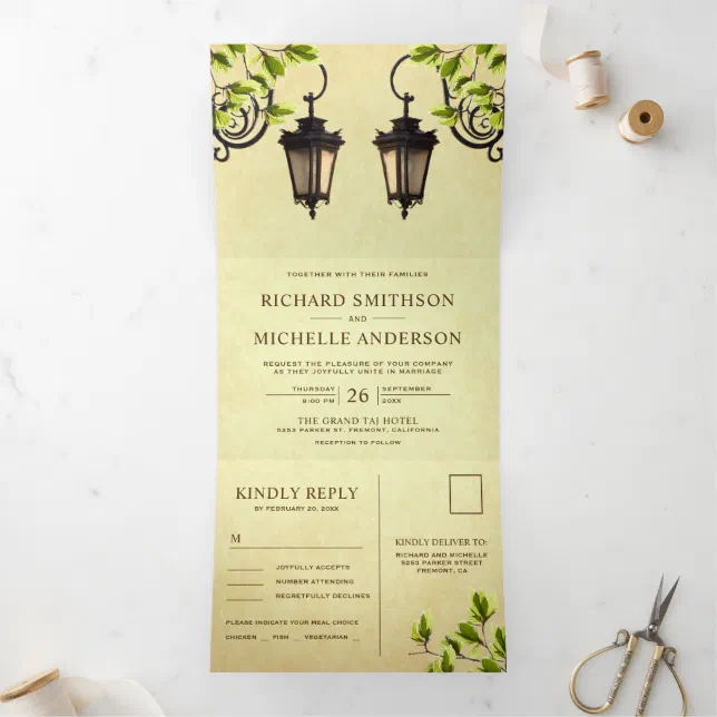 Vintage Rustic Garden Lamps All in One Wedding Tri-Fold Invitation | Zazzle