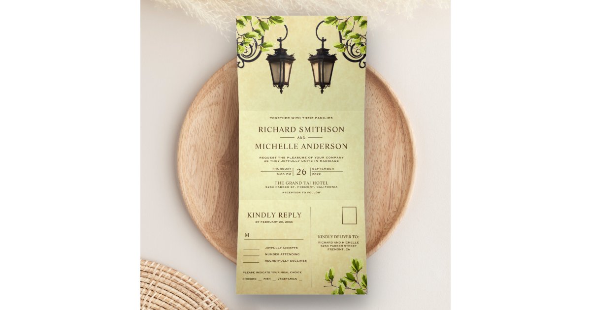 Vintage Rustic Garden Lamps All in One Wedding Tri-Fold Invitation | Zazzle