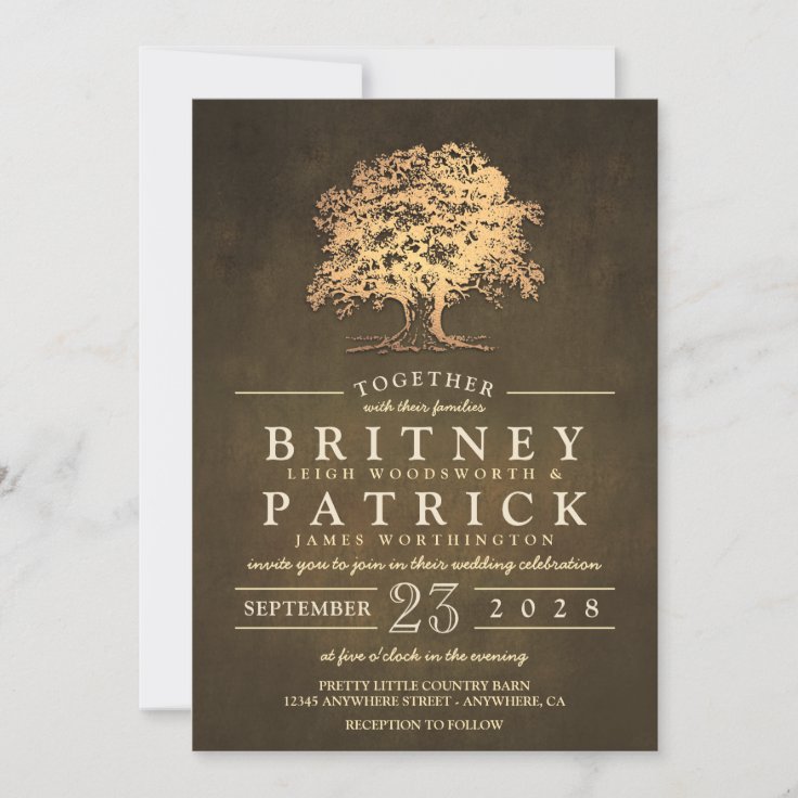 Vintage Rustic Gold Oak Tree Wedding Invitations | Zazzle