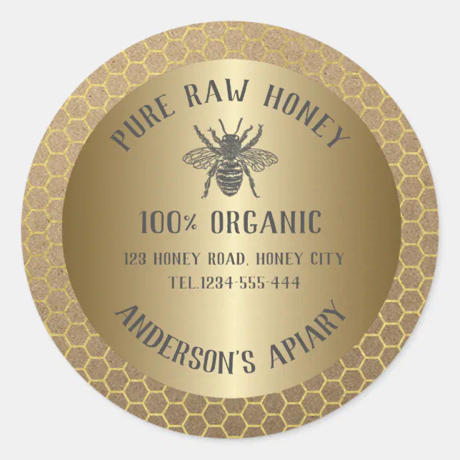 Vintage rustic Kraft look bee honey comb honey jar Classic Round ...