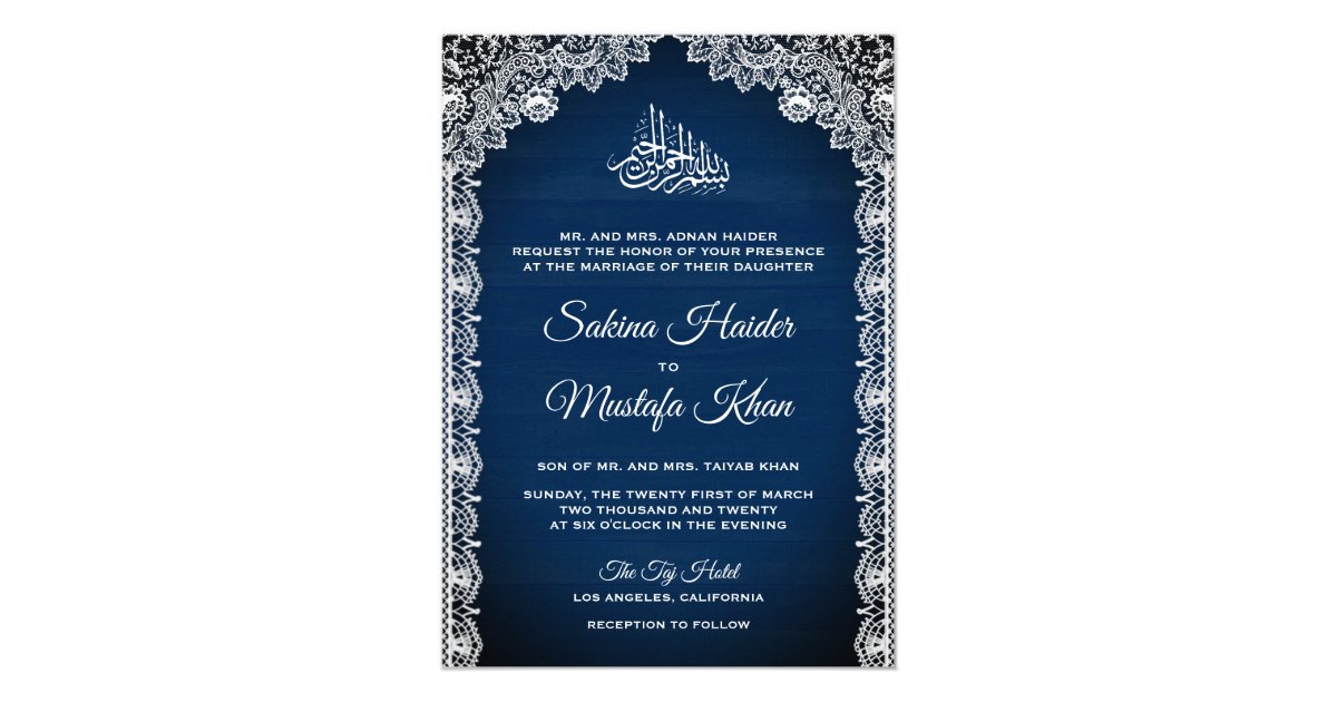 Vintage Rustic Lace Navy Blue Islamic Wedding Invitation | Zazzle.com