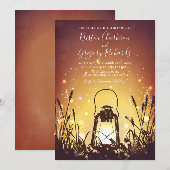 Vintage Rustic Lantern and Fireflies Wedding Invitation | Zazzle