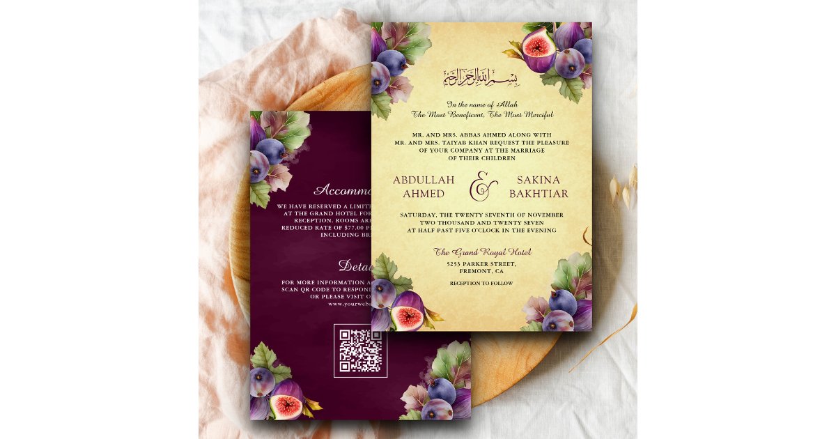 Vintage Rustic Purple Figs QR Code Muslim Wedding Invitation | Zazzle