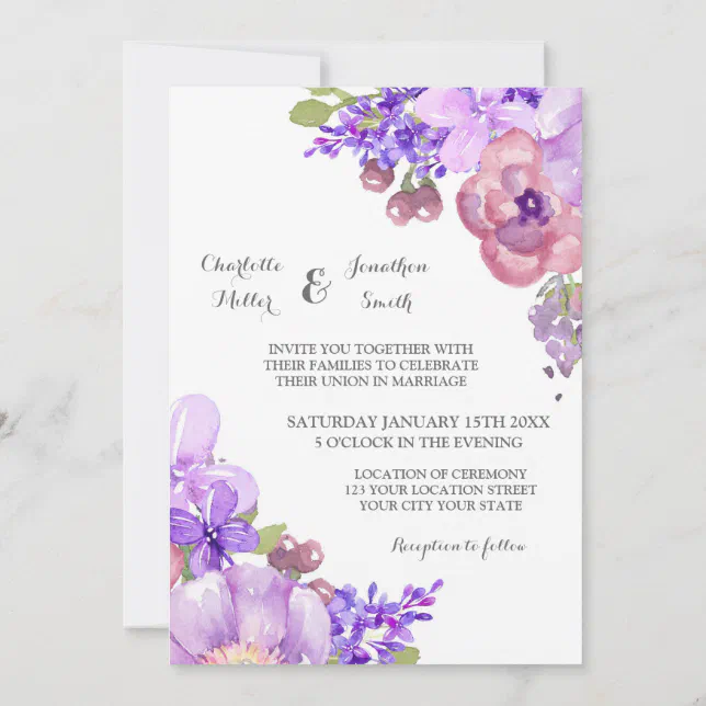 Vintage Rustic Purple Flowers Wedding Invitations | Zazzle