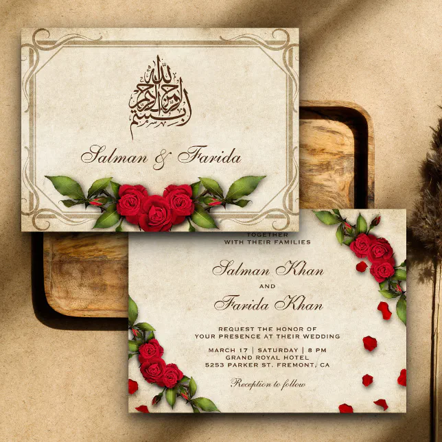 Vintage Rustic Red Roses Islamic Muslim Wedding Invitation | Zazzle