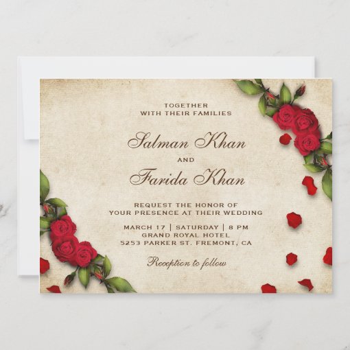 Vintage Rustic Red Roses Islamic Muslim Wedding Invitation | Zazzle