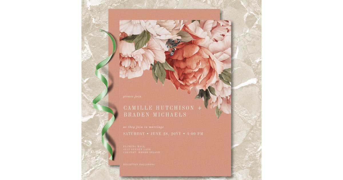 Vintage Rustic Rust & Peach Peonies Wedding Invitation | Zazzle