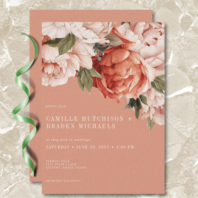Vintage Rustic Rust & Peach Peonies Wedding Invitation | Zazzle