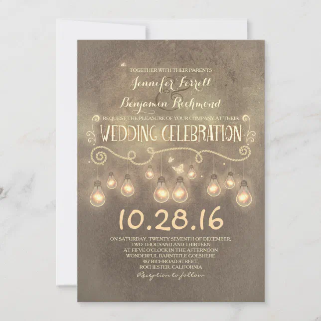 Vintage rustic wedding invitation with lights | Zazzle