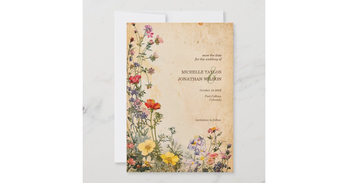Vintage Rustic Wildflower Botanical Save the Date Invitation | Zazzle