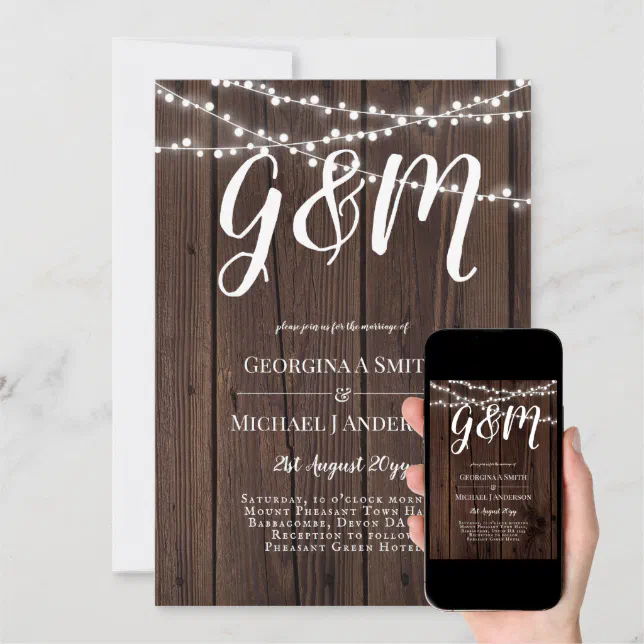 Vintage Rustic Wood Strings Lights Barn Wedding Invitation | Zazzle