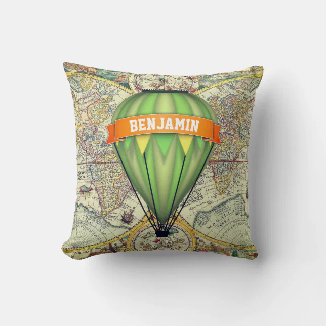 Vintage Rustic World Map Hot Air Balloon Kids Room Throw Pillow | Zazzle