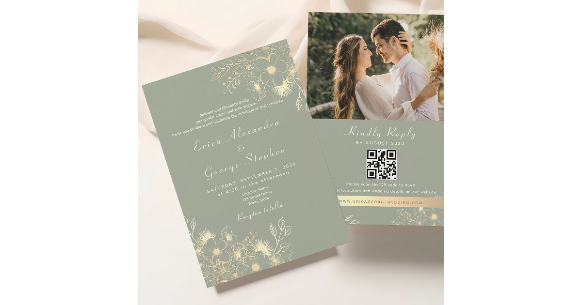 Vintage Sage Green All in One Wedding Invitation | Zazzle
