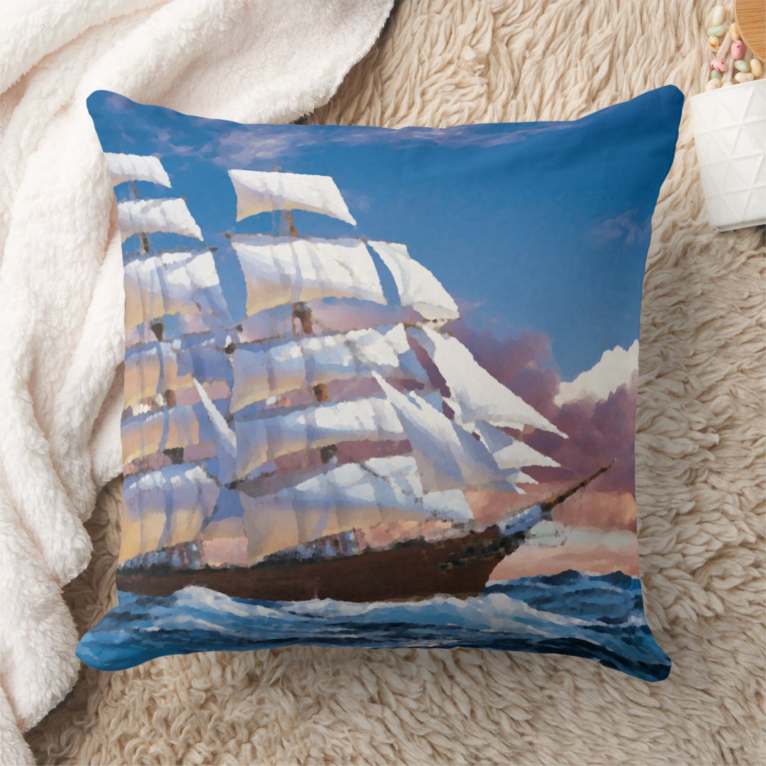 Vintage Sailing Frigate Ship On Blue Ocean Throw Pillow | Zazzle