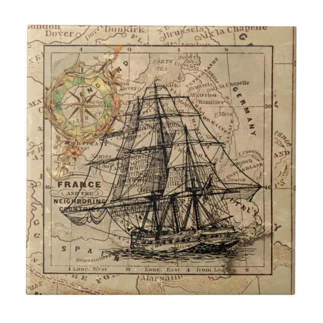 Vintage Sailing Ship and Old European Map Ceramic Tile | Zazzle