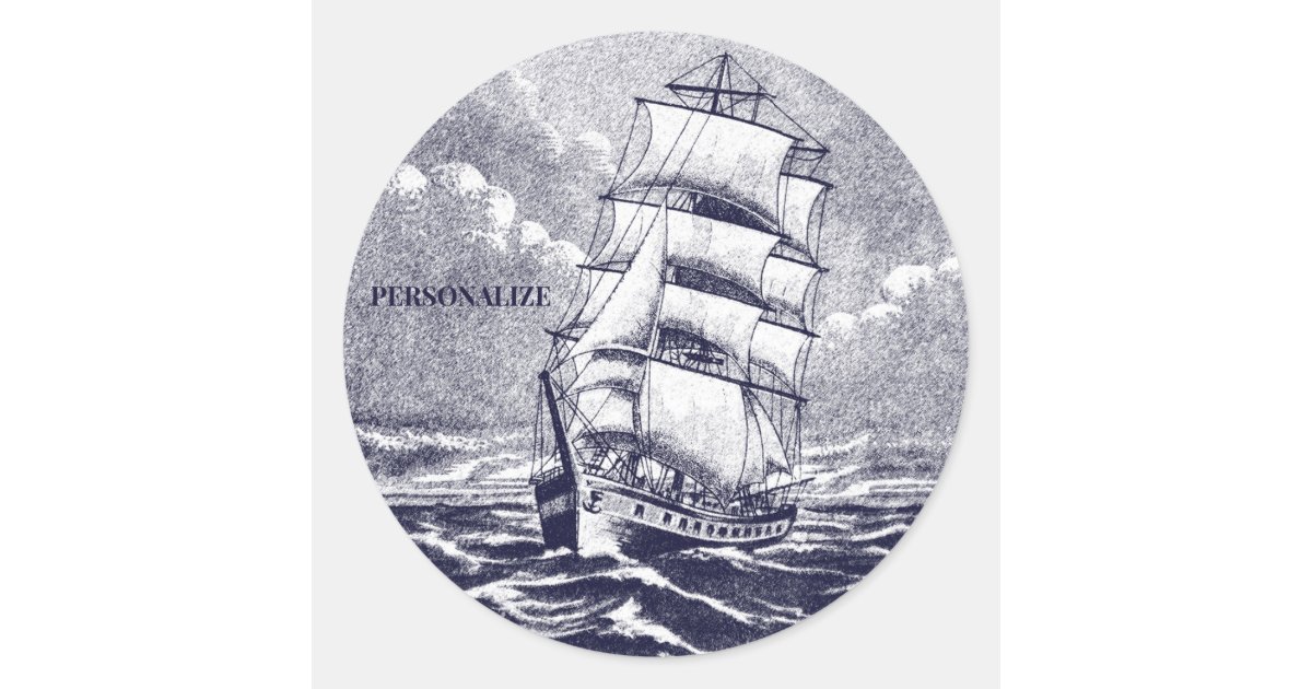 Vintage Sailing Ship Drawing Navy Black Coastal Classic Round Sticker ...