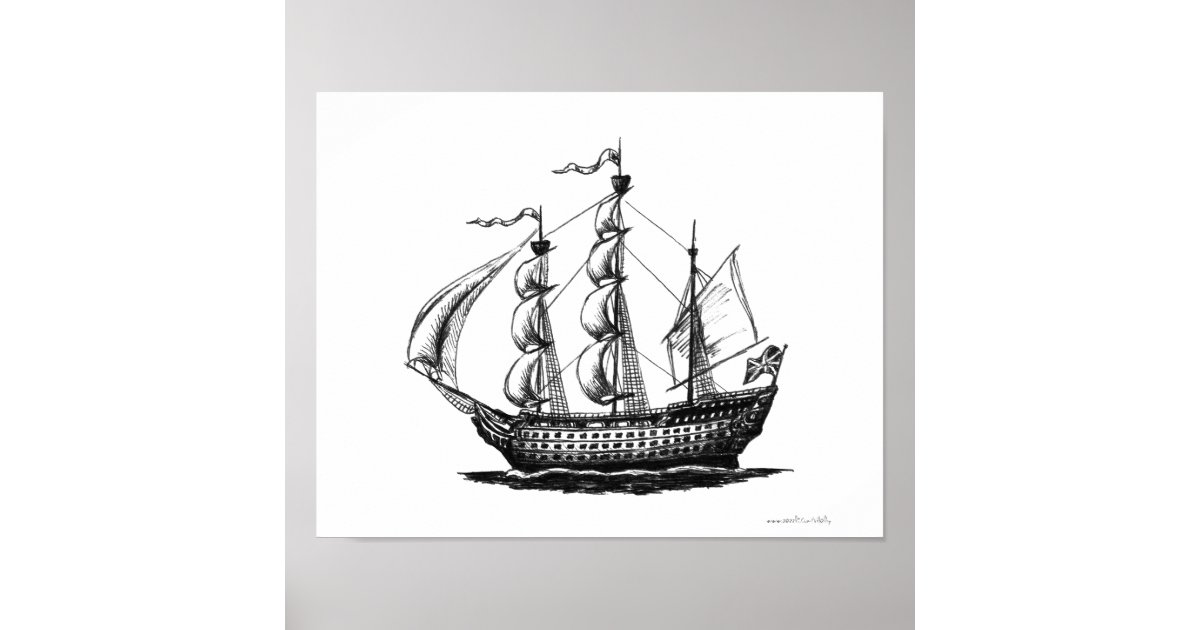 Vintage sailing ship ink pen drawing art poster | Zazzle