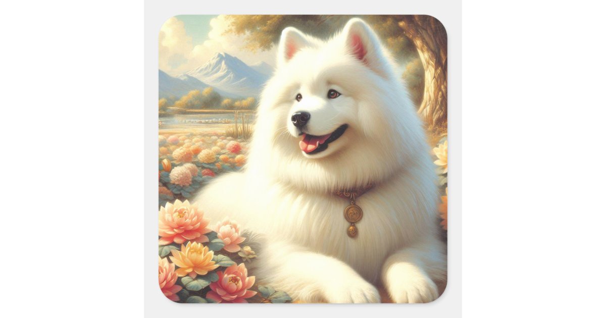 Vintage Samoyed Dog Painting Square Sticker | Zazzle