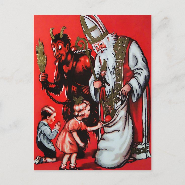 Vintage Santa and Krampus Postcard | Zazzle