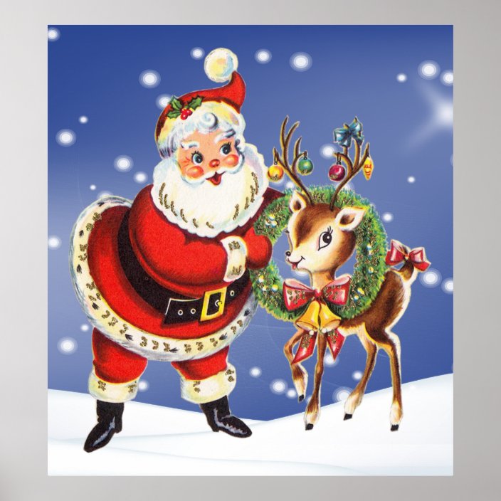 vintage santa and reindeer poster | Zazzle.com