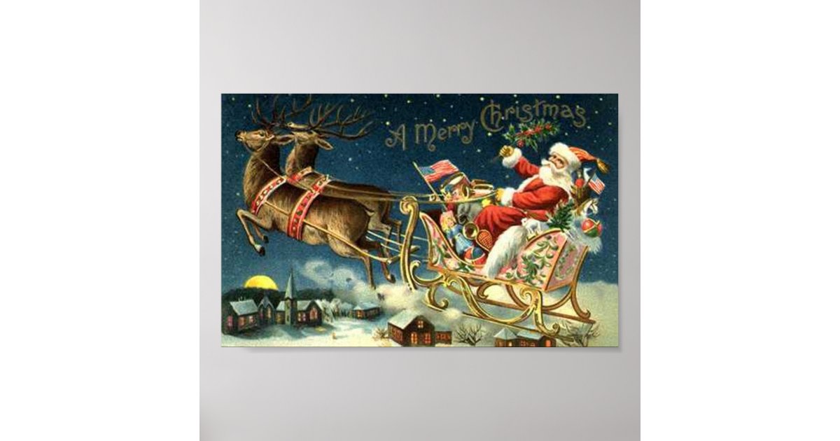 Vintage Santa and Sleigh Poster | Zazzle