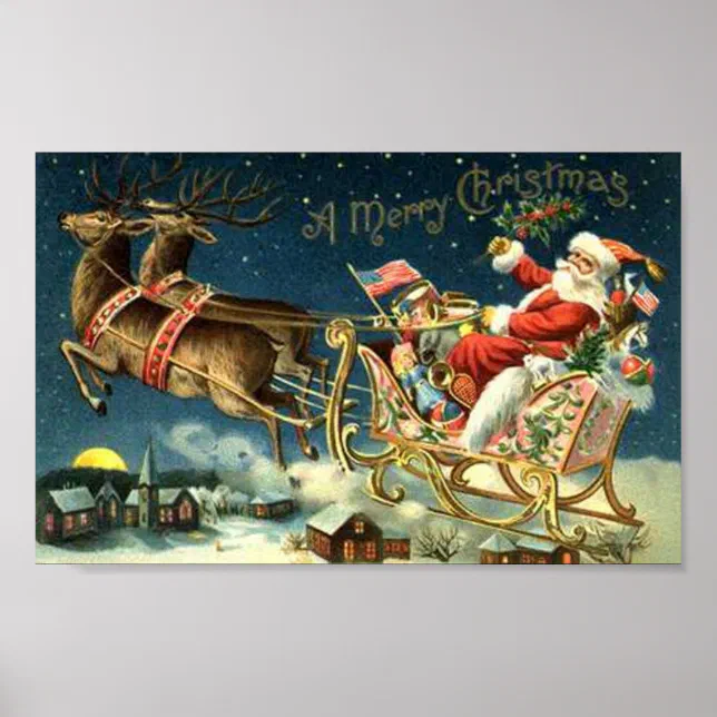 Vintage Santa and Sleigh Poster | Zazzle