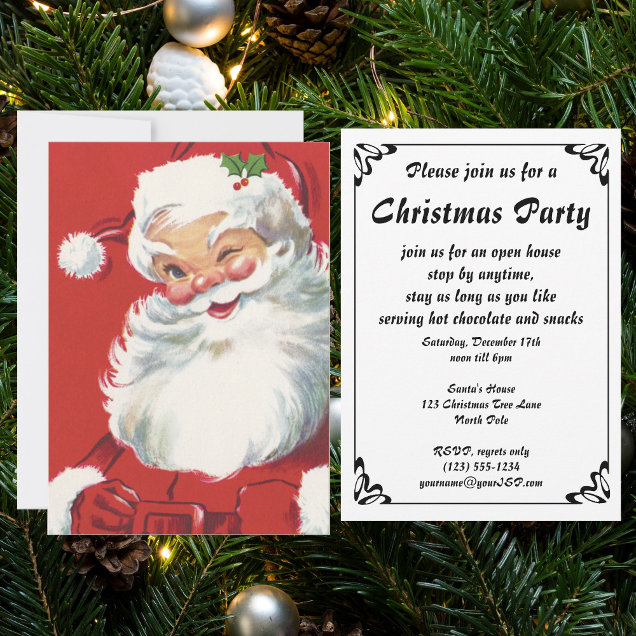 Vintage Retro Santa Christmas Party Invitation | Zazzle