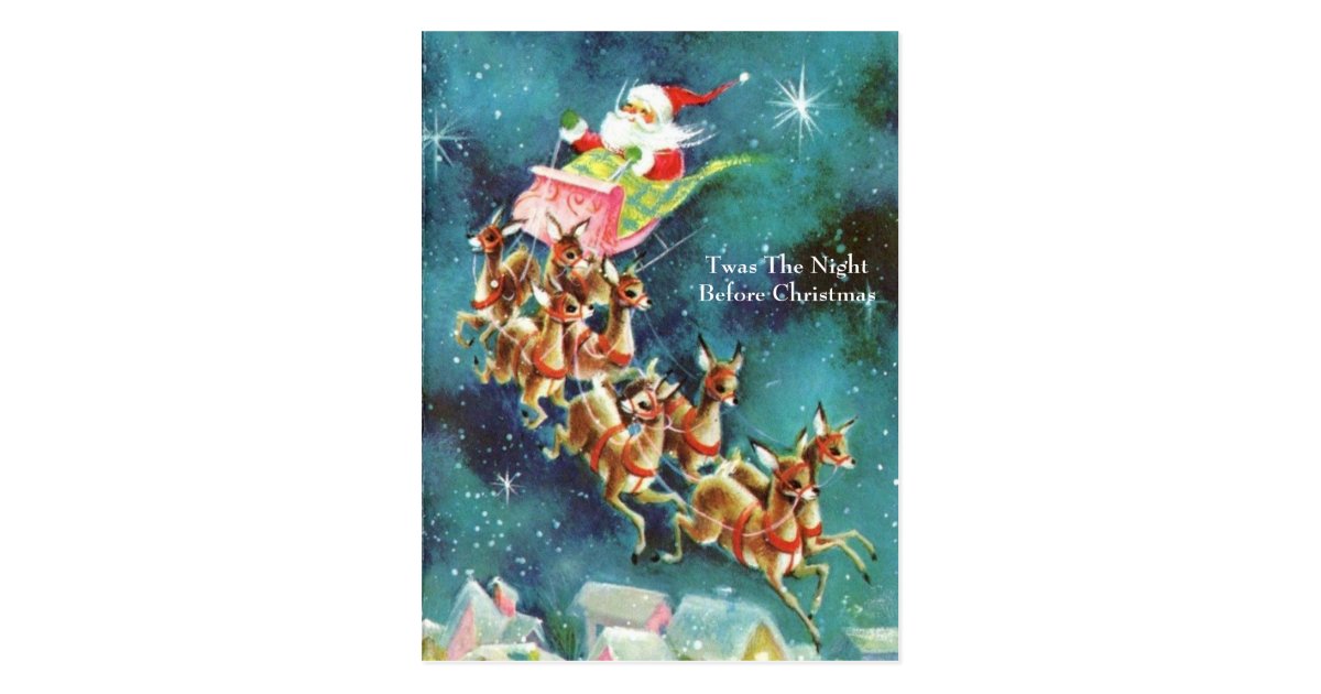 Vintage Santa Claus Flying Reindeer Over Houses Postcard | Zazzle.com