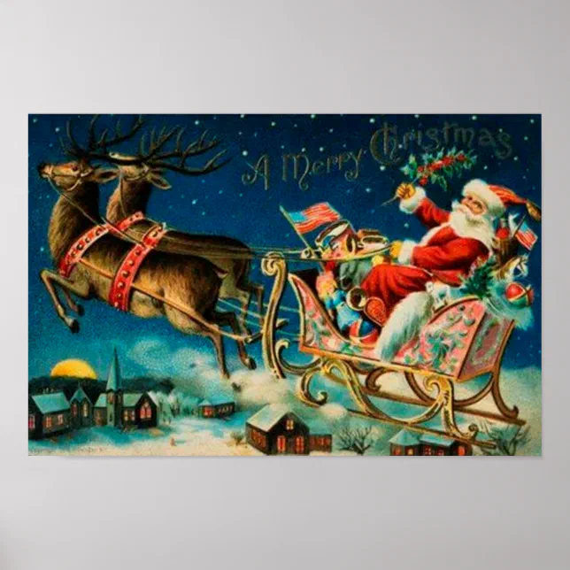Vintage Santa Claus Sleigh Christmas Holiday Poster | Zazzle
