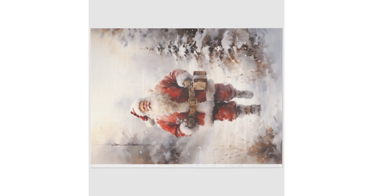 Vintage Santa Claus walking in snowy forest Tissue Paper | Zazzle