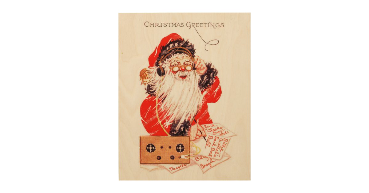 Vintage Santa Claus With Ham Radio Holiday Wood Wall Art | Zazzle