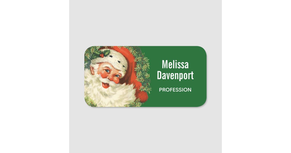 Vintage Santa Claus with Pine Wreath Name Tag | Zazzle